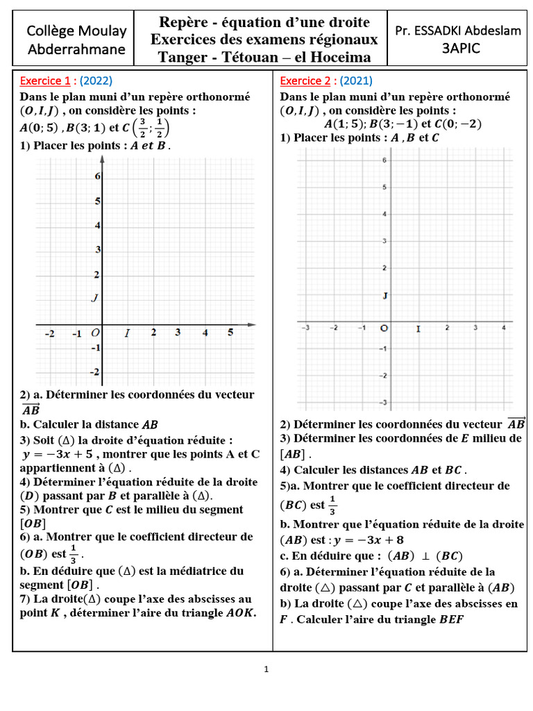 Exercices d'équations de droites 3AC | PDF | Coordonnées cartésiennes ...
