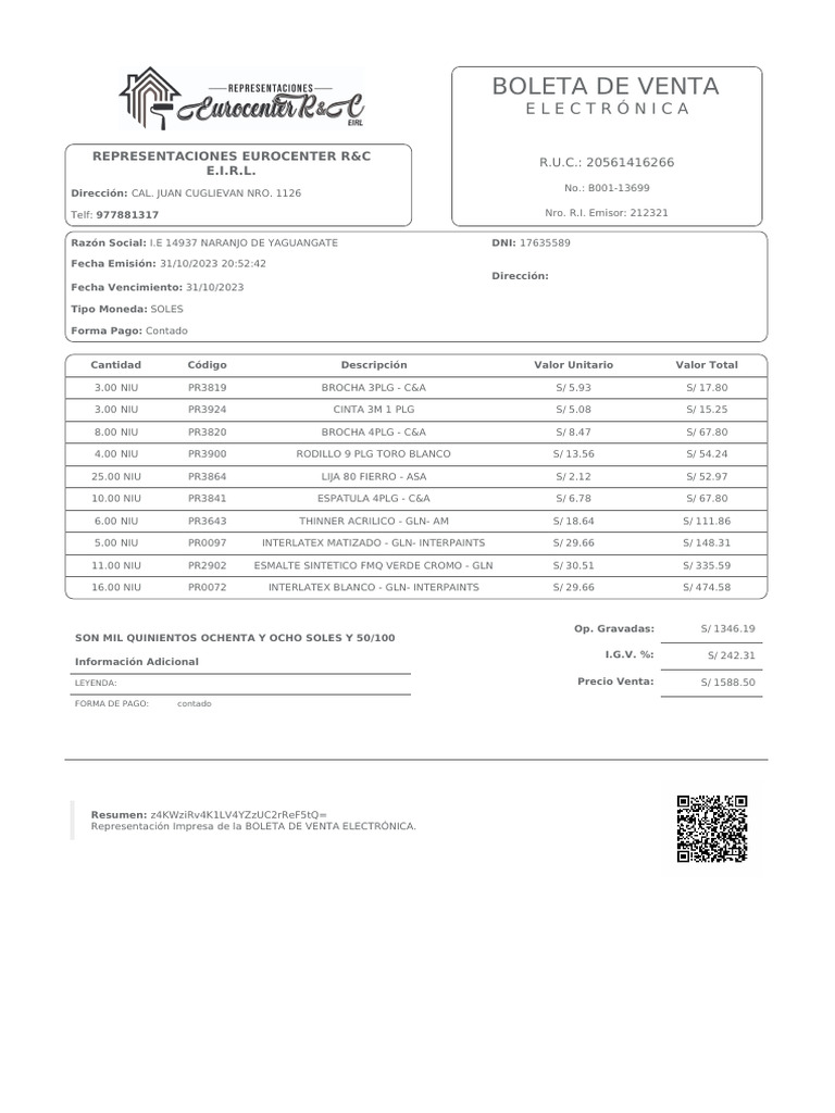 Boleta Venta Electrónica 31/10/23 | PDF