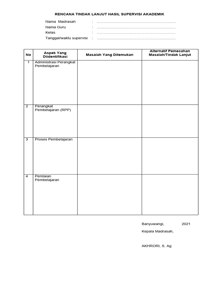 Format Rencana Tindak Lanjut Hasil Supervisi | PDF