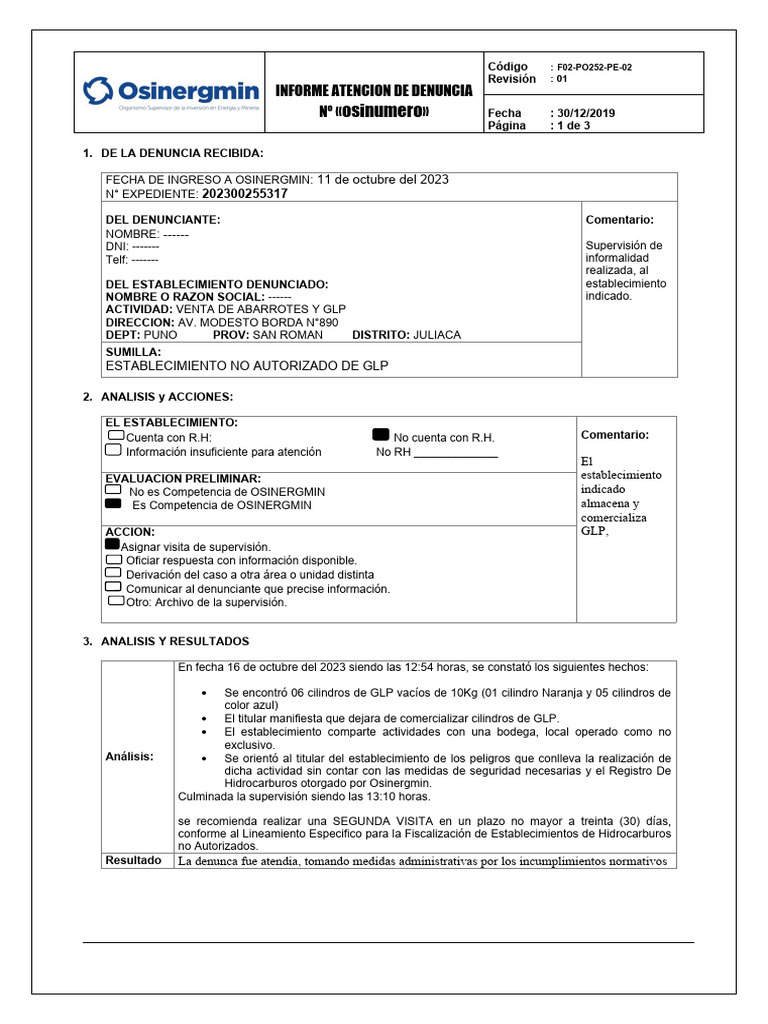 Informe Atención de Denuncia-F02-Po252-P.e-02 Exp. 202300255317 | PDF