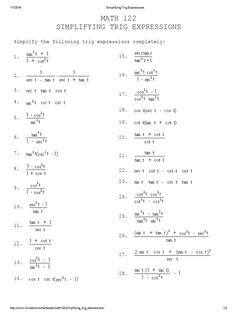 Simplifying Trig Expressions w Ans - from internet | PDF