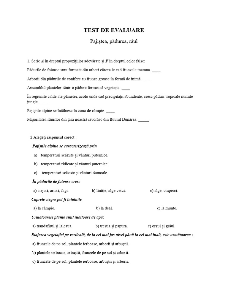 Test - Stiinte - Pajistea Padurea Raul | PDF