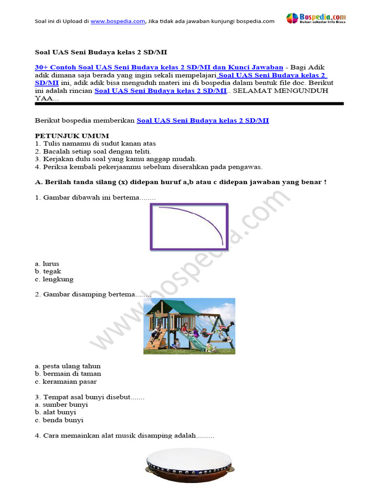 30+ Contoh Soal UAS Seni Budaya Kelas 2 SD MI Dan Kunci Jawaban | PDF