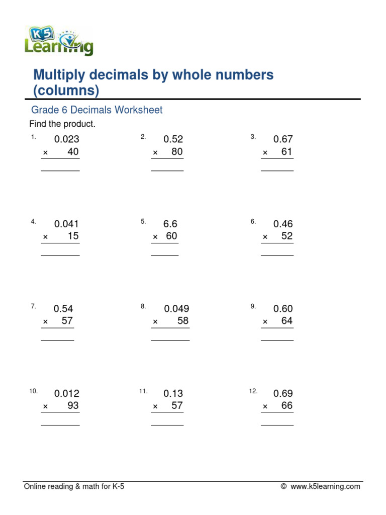 Grade 6 Multiply Decimals by Whole Numbers 0 3 Decimal Digits Column A ...