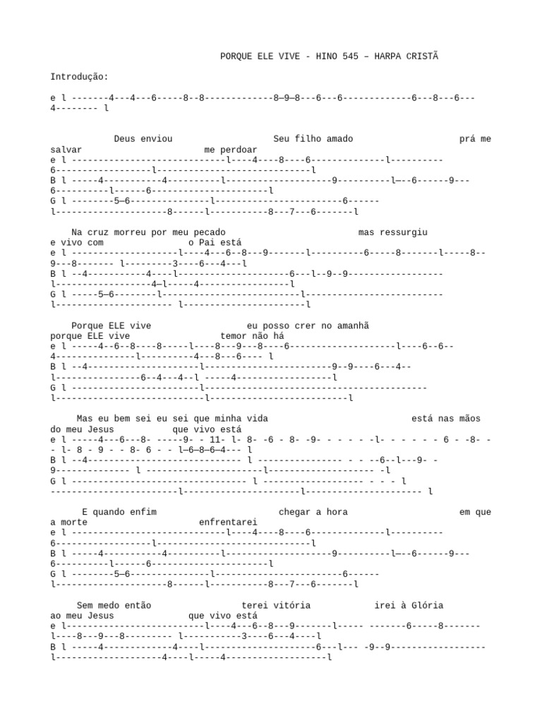 PORQUE ELE VIVE Hino 545 Harpa Crista Tablatura Solo para Guitarra | PDF