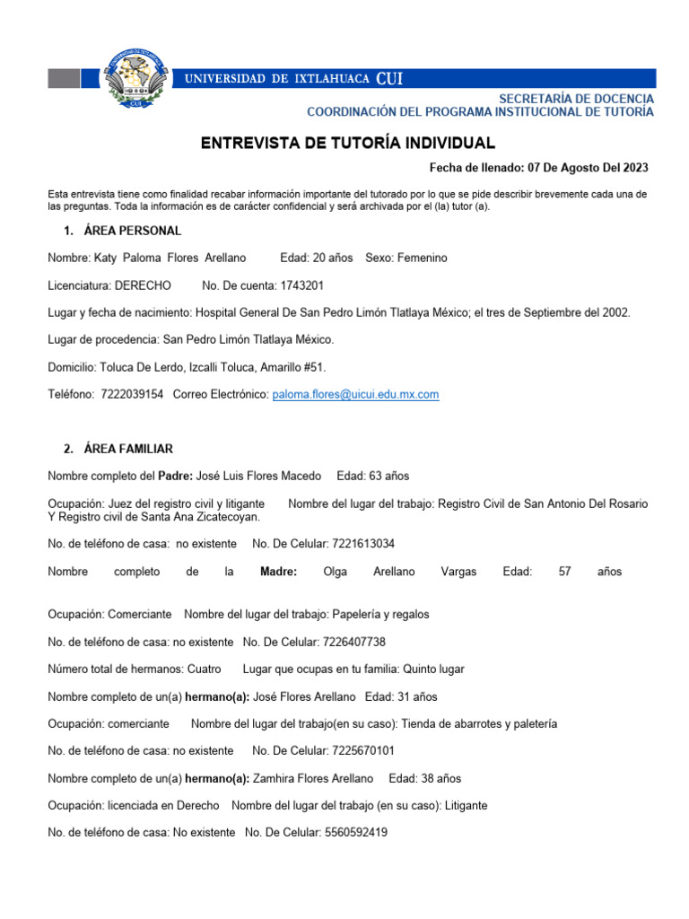 Entrevista Individual de Tutorados | PDF