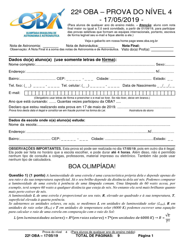 Prova Nivel 4 Da 22º OBA de 2019 | PDF | Sol | Órbita