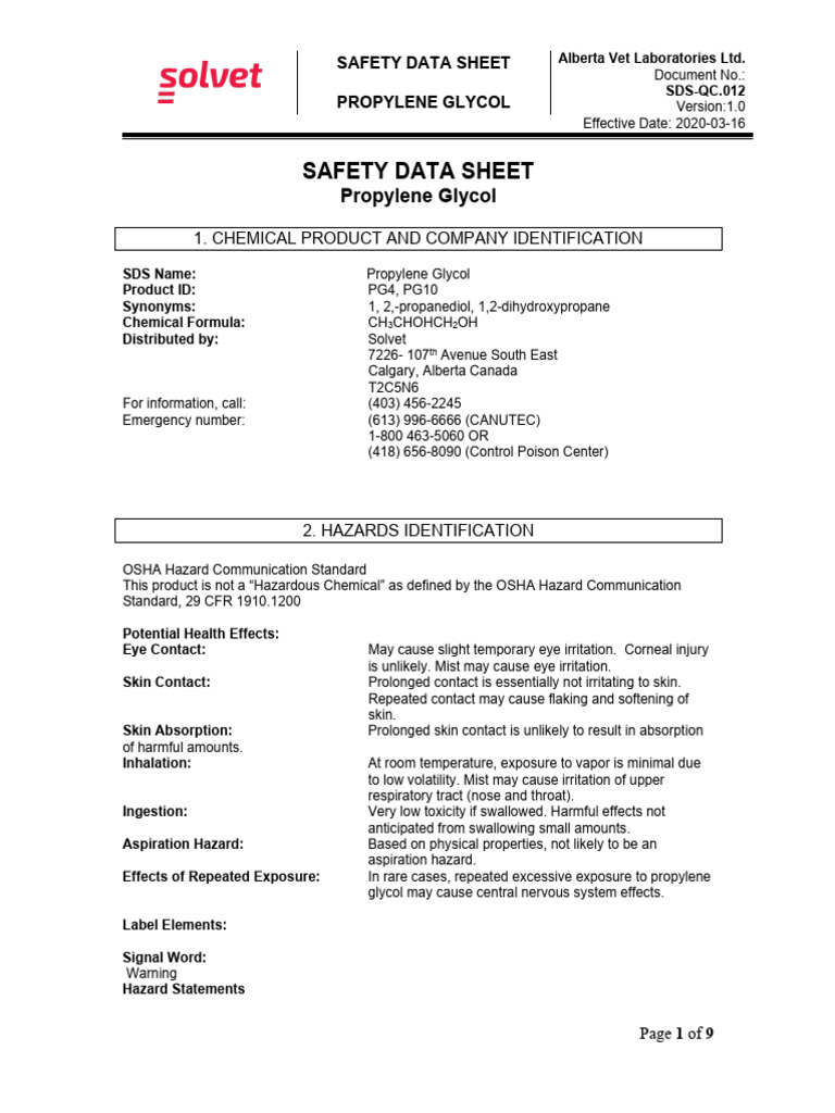 SDS QC.012 1.0 Propylene Glycol | PDF
