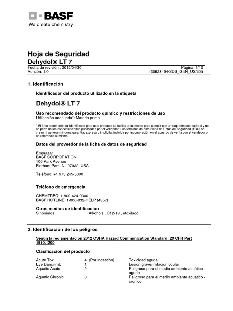 FDS DEHYDOL LT7 español | PDF | Agua | Detergente