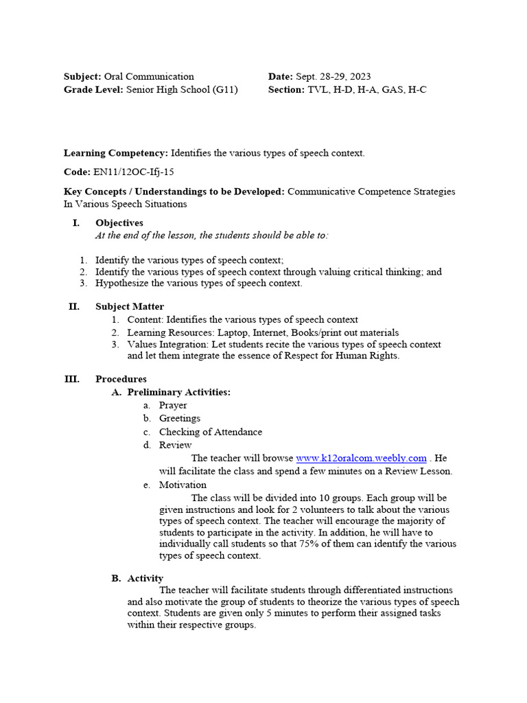 Types of Speech Context Lesson Plan | PDF | Teachers | Differentiated ...
