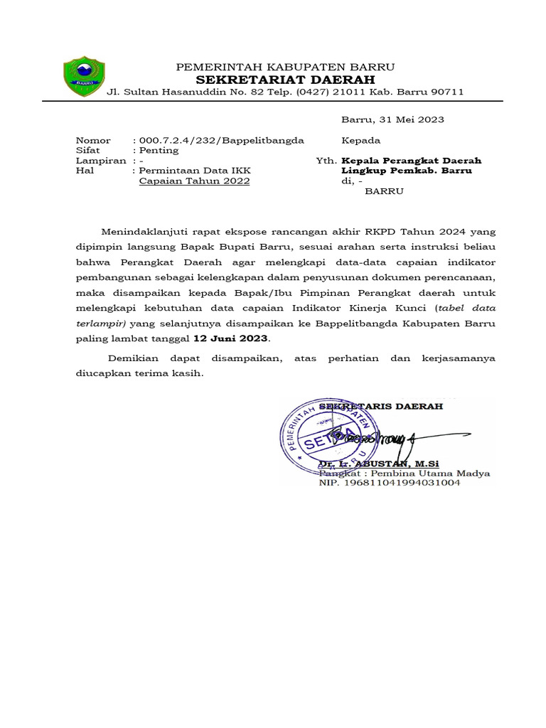 Surat Permintaan Data IKK BKPSDM | PDF