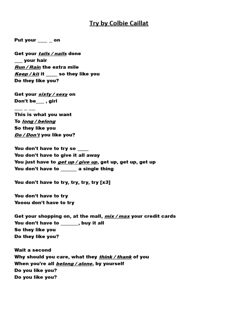 Colbie Caillat's "Try" Lyrics Analysis | PDF | Self-Improvement | Lifestyle