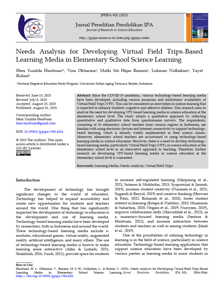 Needs Analysis for Virtual Field Trips | PDF | Learning | Teachers