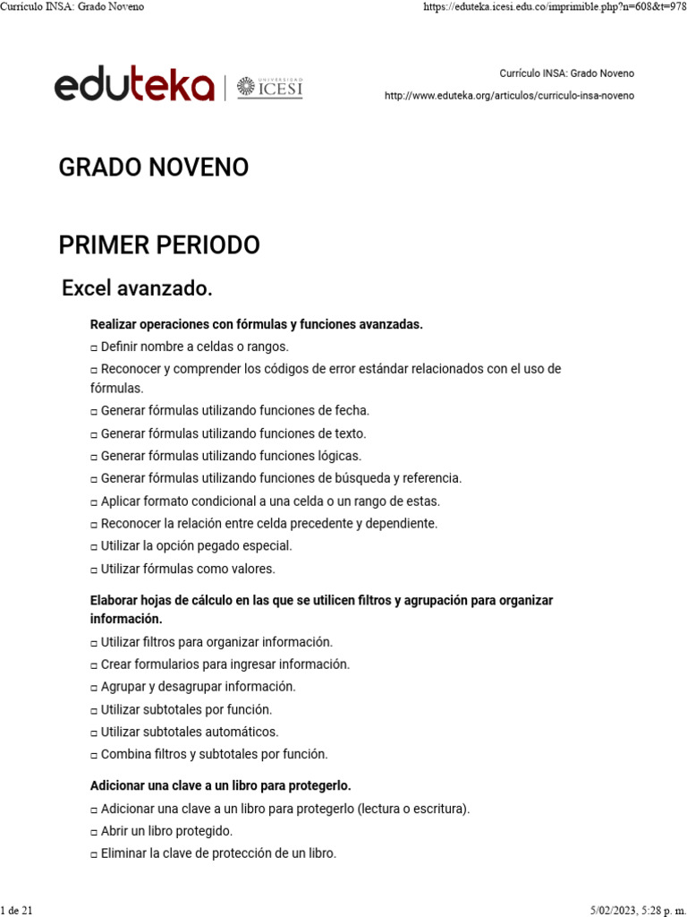 Currículo INSA Grado Noveno | PDF | Bases de datos | Plan de estudios Currículo INSA Grado Noveno | PDF | Bases de datos | Plan de estudios
