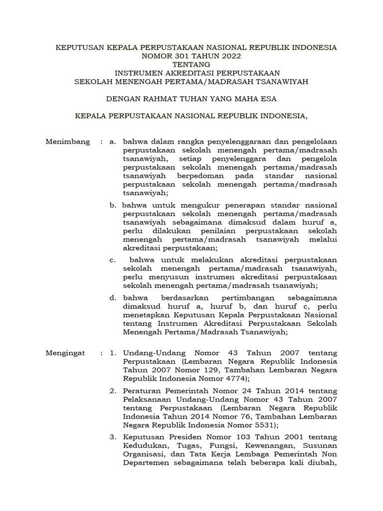 SK 301 2022 Instrumen Akreditasi SMP MTS1 | PDF