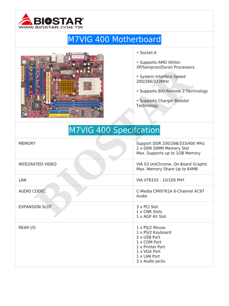 Biostar M7vig 400 Spec | PDF | Computer Hardware | Computing
