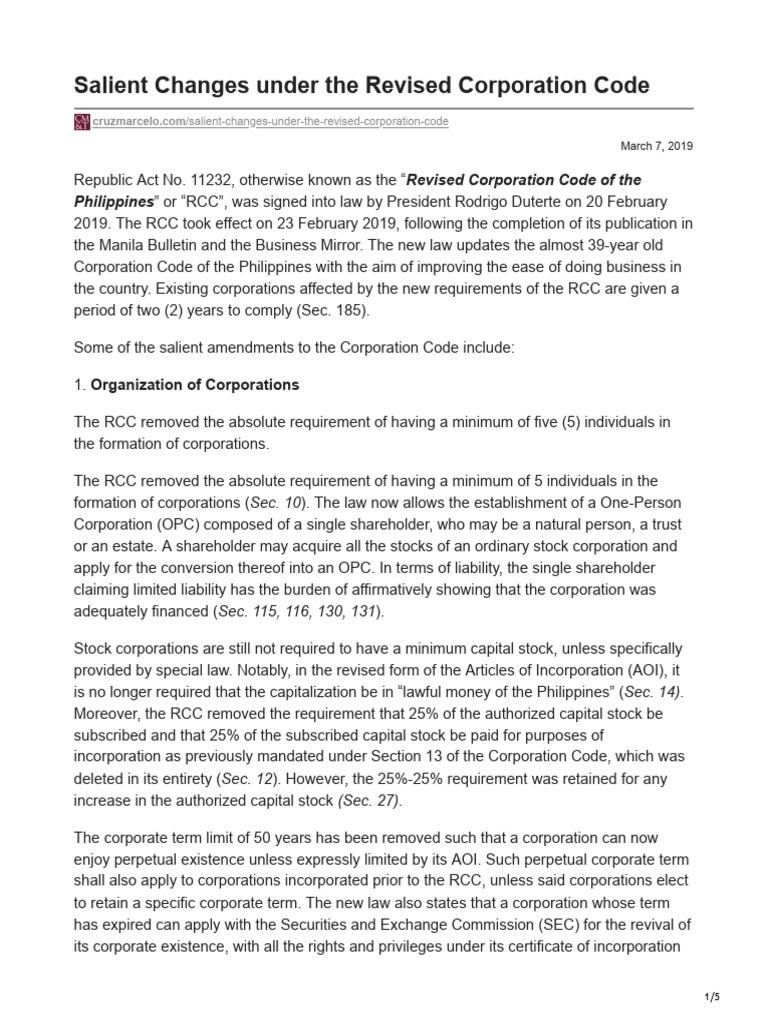 Salient Changes Under The Revised Corporation Code | PDF | Board Of ...