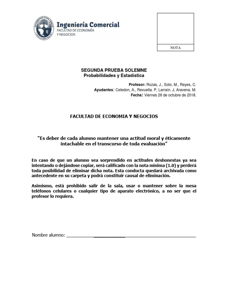 Pauta - Solemne 2 Prob y Est - 2sem2018 - UFT | PDF | Probabilidad