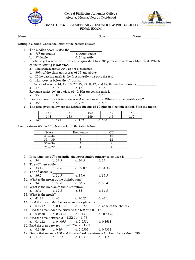 Statistics Exam | PDF | Percentile | Mean