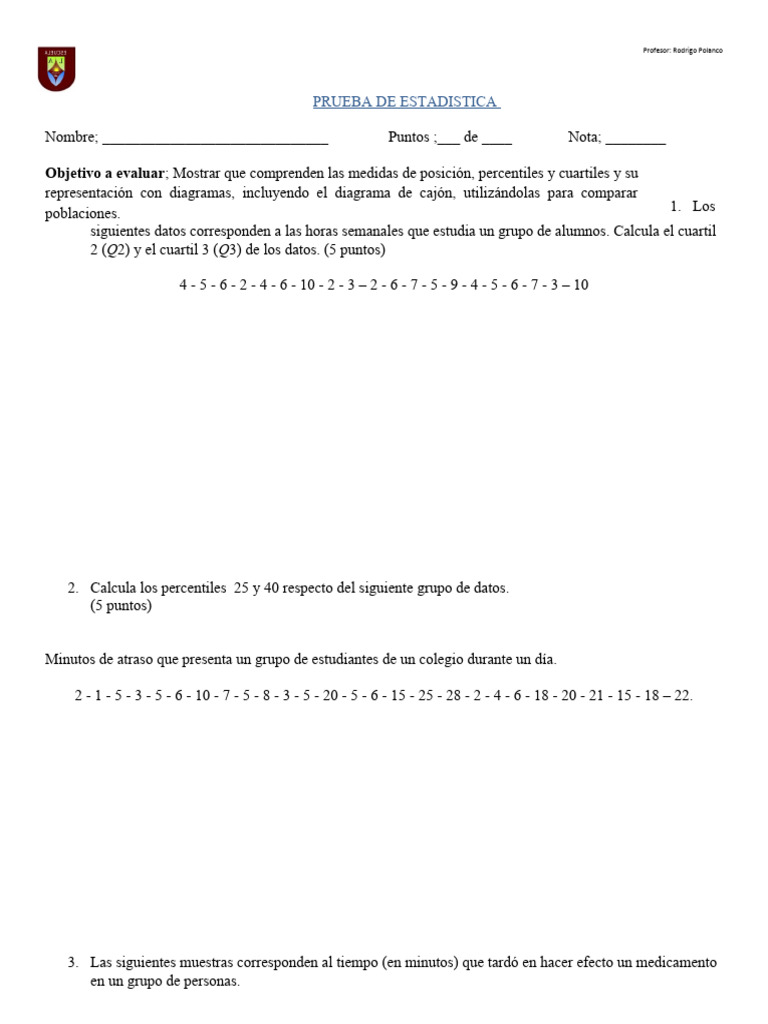 Prueba 8°, Percentiles y Deciles | PDF | Cuantil