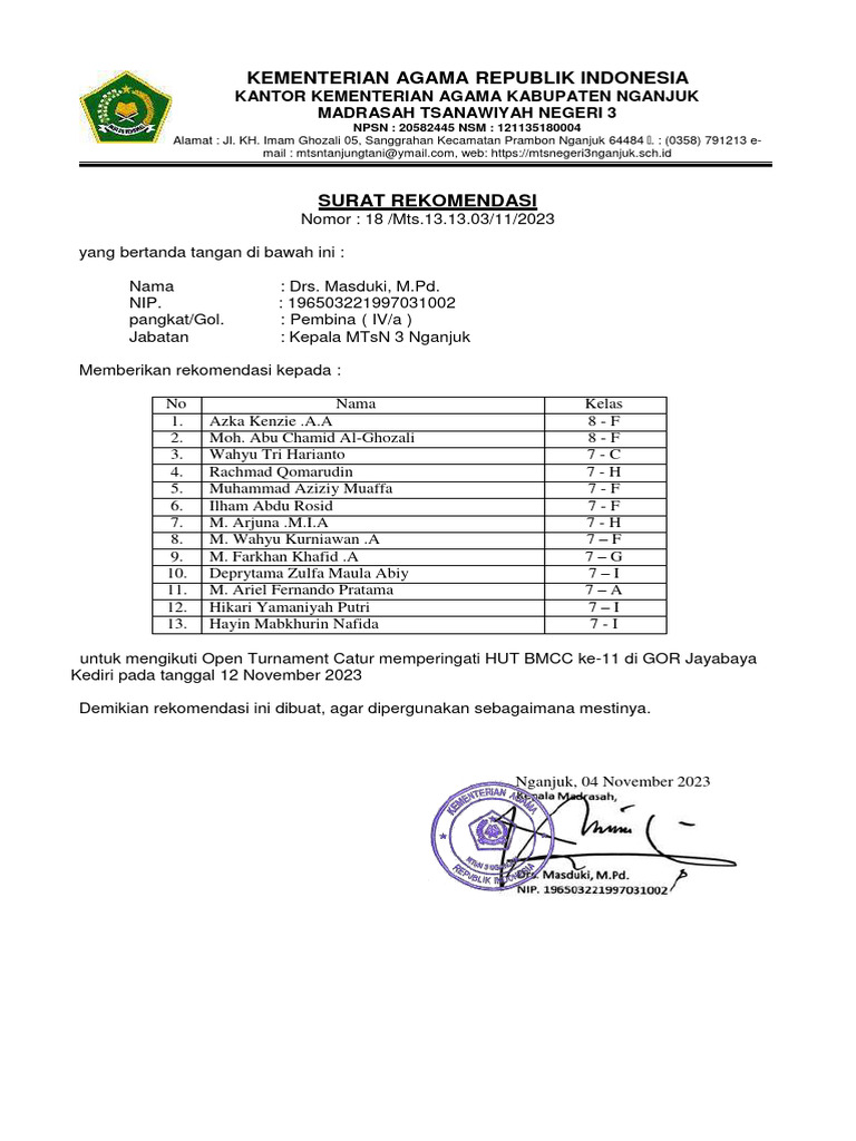 SURAT REKOM - MTSN 3 NGANJUK | PDF