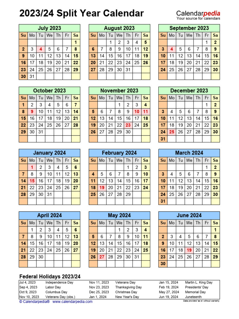 Split Year Calendar 2023 2024 Portrait Year at A Glance | PDF | Public ...