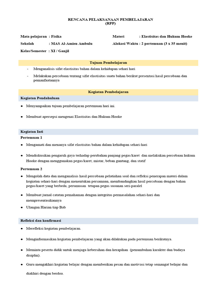 RPP Elastisitas Dan Hukum Hooke | PDF