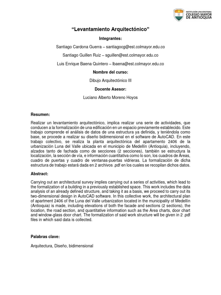 Informe-Levantamiento Arquitectónico-SantiCardona_SantiGuillen_LuisBaena_COLMAYOR | PDF | Diseño