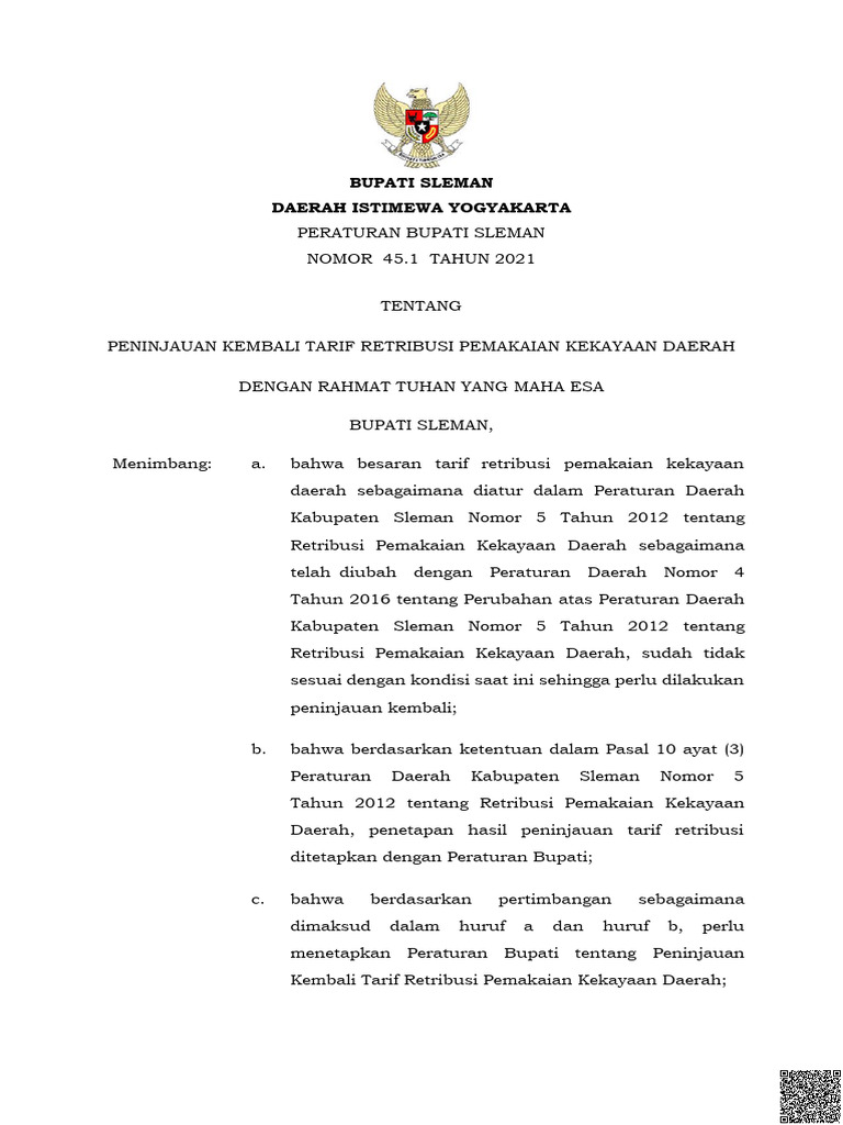 Peninjauan Tarif Retribusi Sleman 2021 | PDF