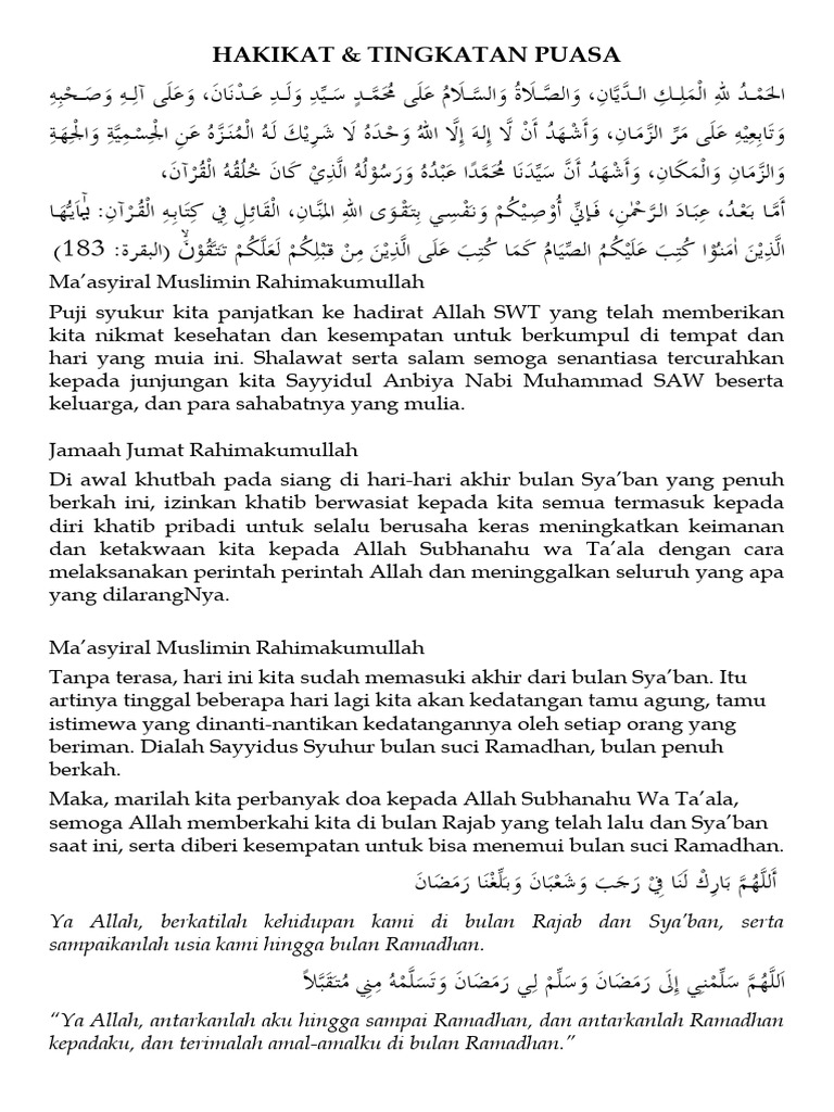 Hakikat Puasa Dan Tingkatannya | PDF