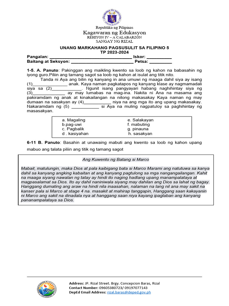 1-UNANG-MARKAHANGPAGSUSULIT-SA-FILIPINO-5 TP 2023-2024 W o Answer Key | PDF