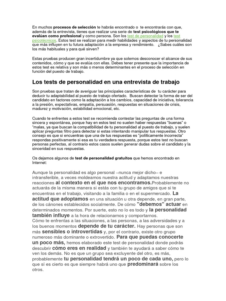 Los Tests de Personalidad en Una Entrevista de Trabajo: Evalúan Como ...