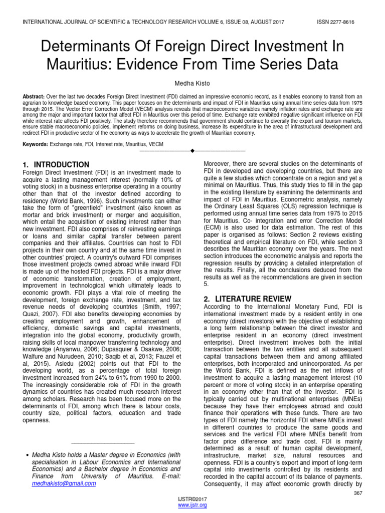 OLS Determinants of Foreign Direct Investment in Mauritius Evidence ...