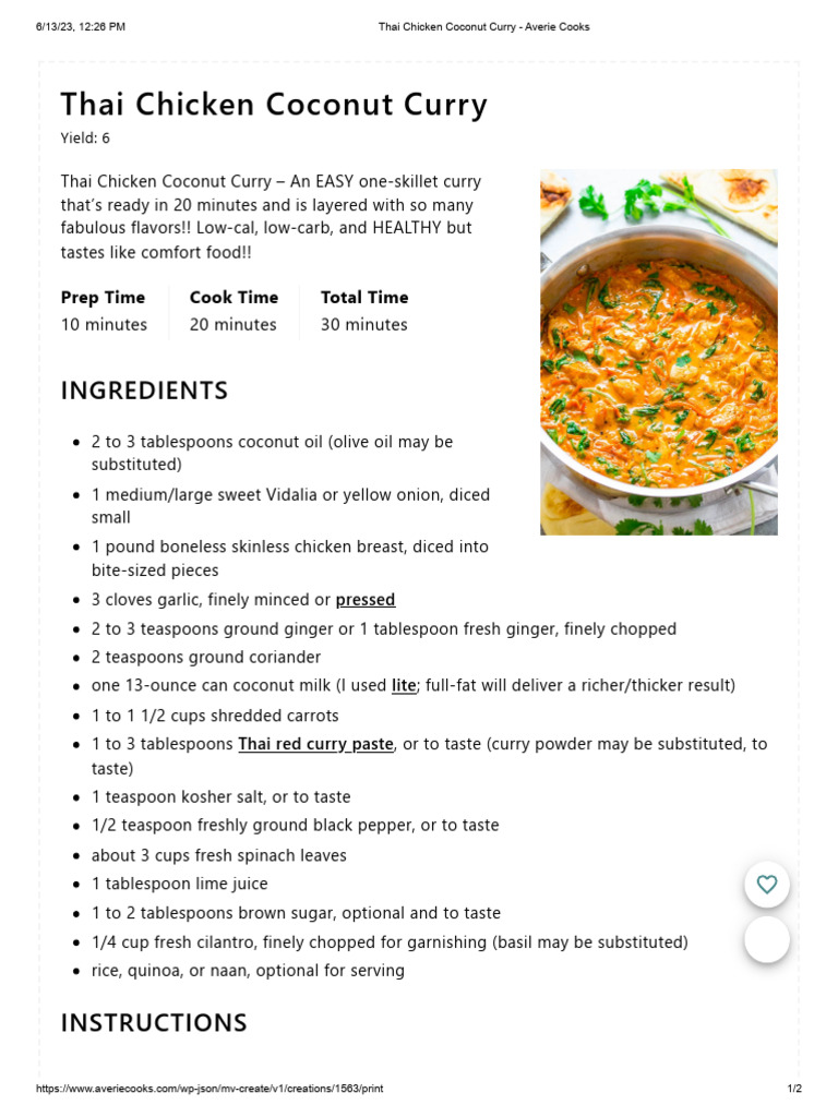 Thai Chicken Coconut Curry - Averie Cooks | PDF | Curry | Fat