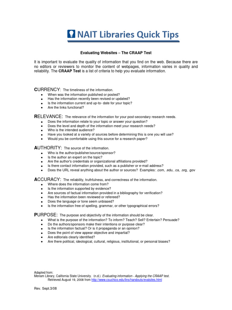 CRAAP Evaluation Sheet | PDF | Information Science | Cognition