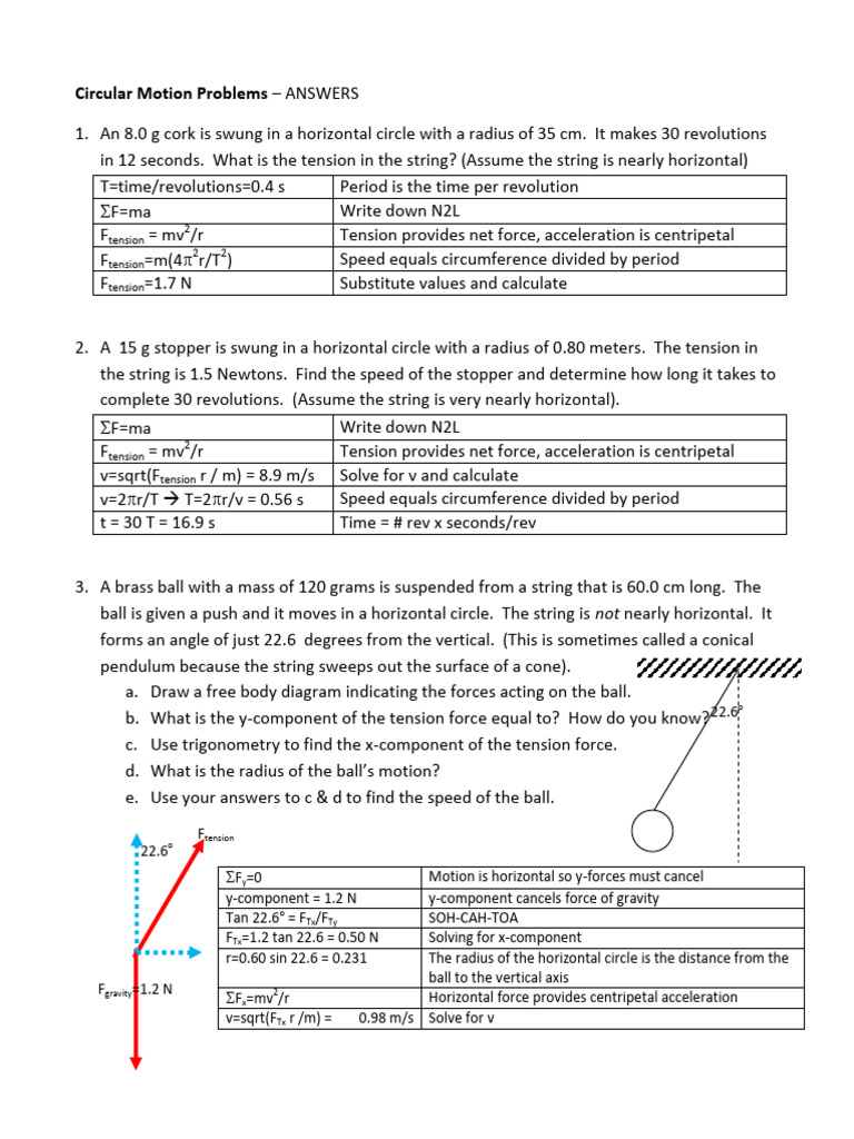 Circular Motion Problems Answers 1 | PDF | Force | Tension (Physics)