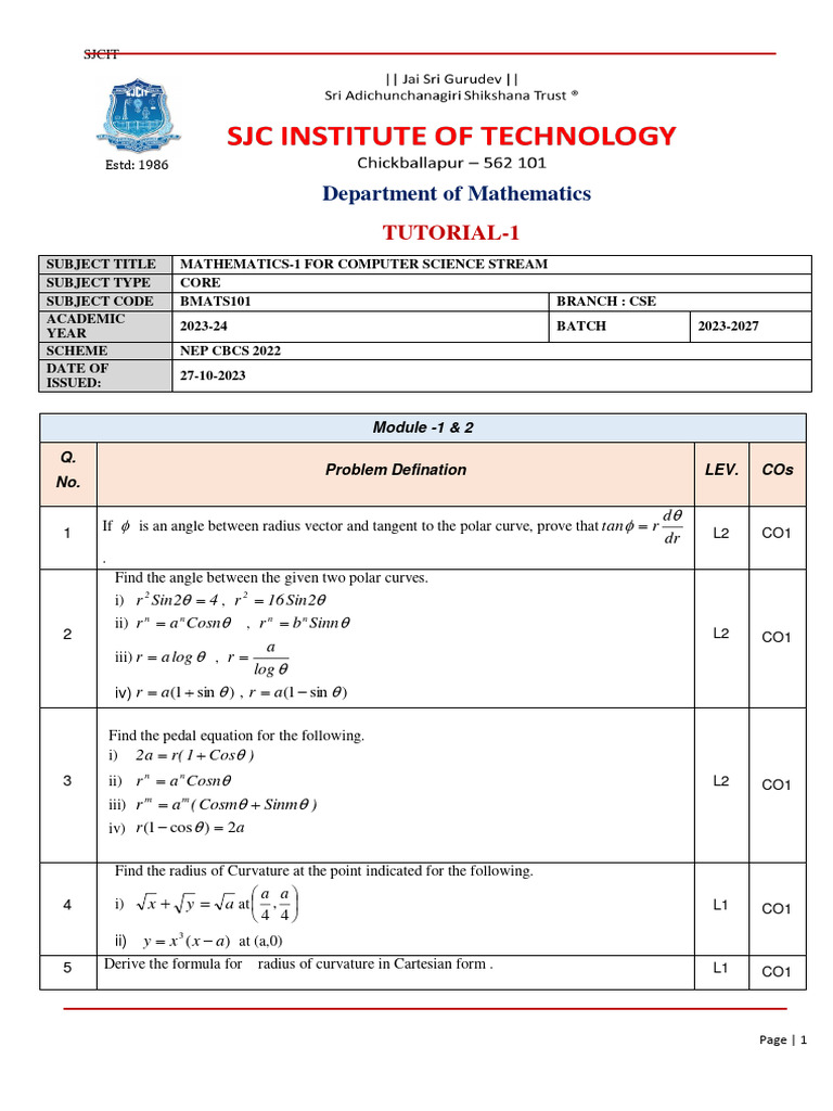 Maths TUTORIAL 1-CSE Stream CIE-1 | PDF | Curvature | Elementary Mathematics