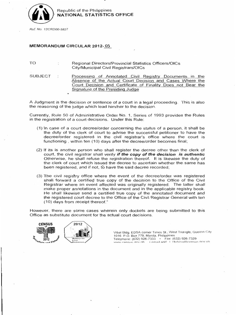 Civil Registry Document Processing Guidelines | PDF | Judgment (Law ...