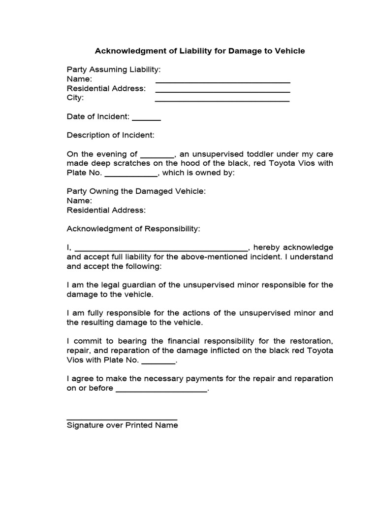 Acknowledgment of Liability For Damage To Vehicle | PDF
