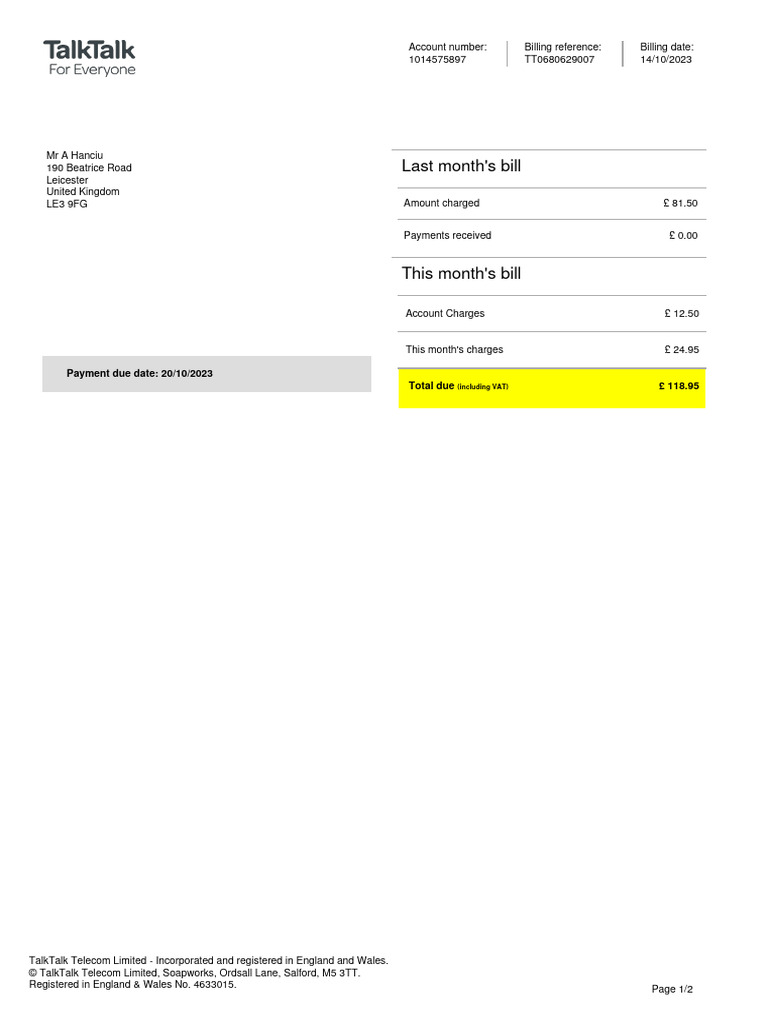 2023 10 14 YourTalkTalkBill | PDF | Debit Card | Service Industries