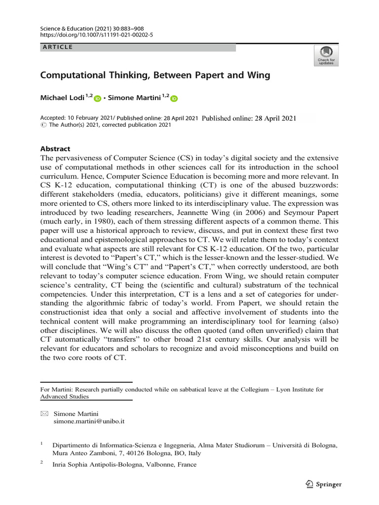 CT 001 Computational Thinking, Between Papert and Wing | PDF | Science | Thought