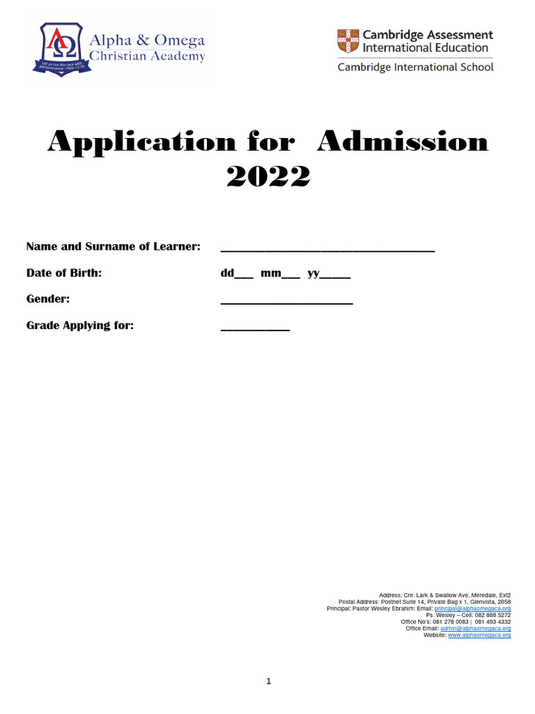 2022 Application Form - Alpha Omega Christian Academy | PDF | Banks ...