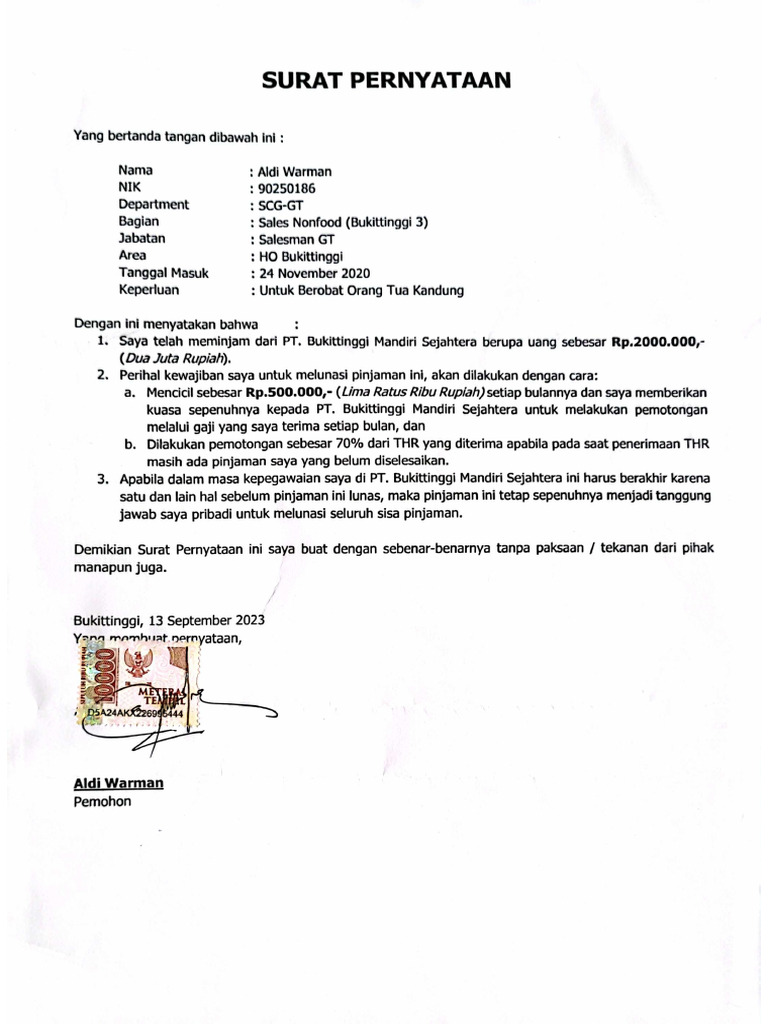 Surat Pernyataan Aldi Warman | PDF