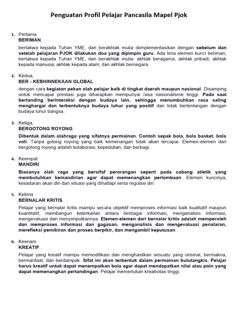Penguatan Profil Pelajar Pancasila Mapel Pjok | PDF