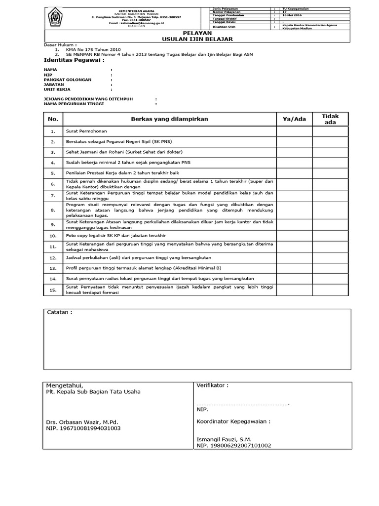 Ceklis Ijin Belajar | PDF