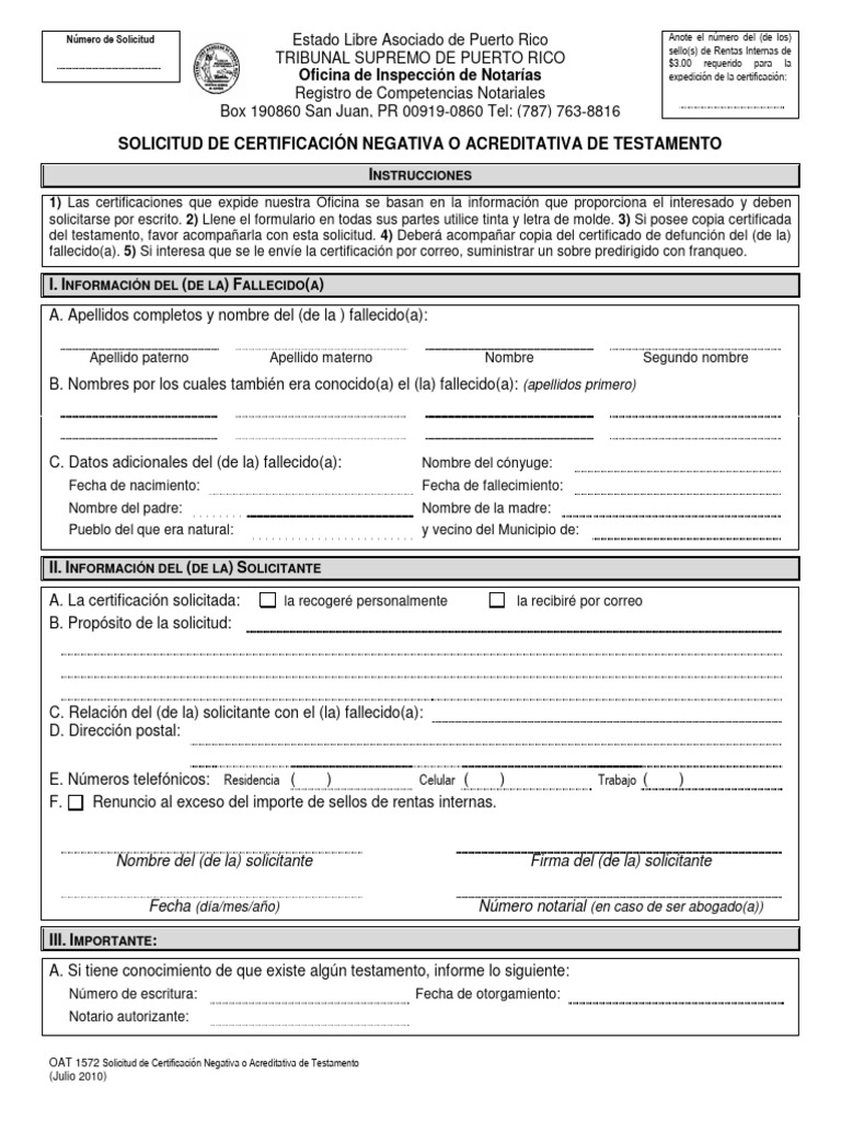 Solicitud de Certificación Negativa de Testamento | PDF