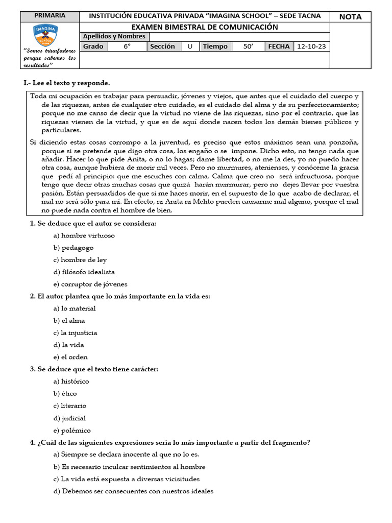 Examen Bimestral de Comunicación | PDF