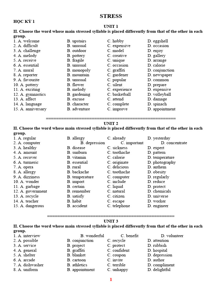 2. TRỌNG ÂM E7 (UNIT 1-6) | PDF