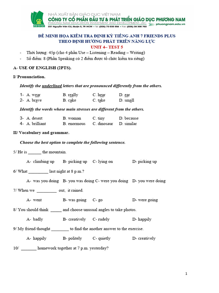Tiếng Anh 7 Friends Plus - Unit 4 - Test 5 | PDF | Animation | Computer ...