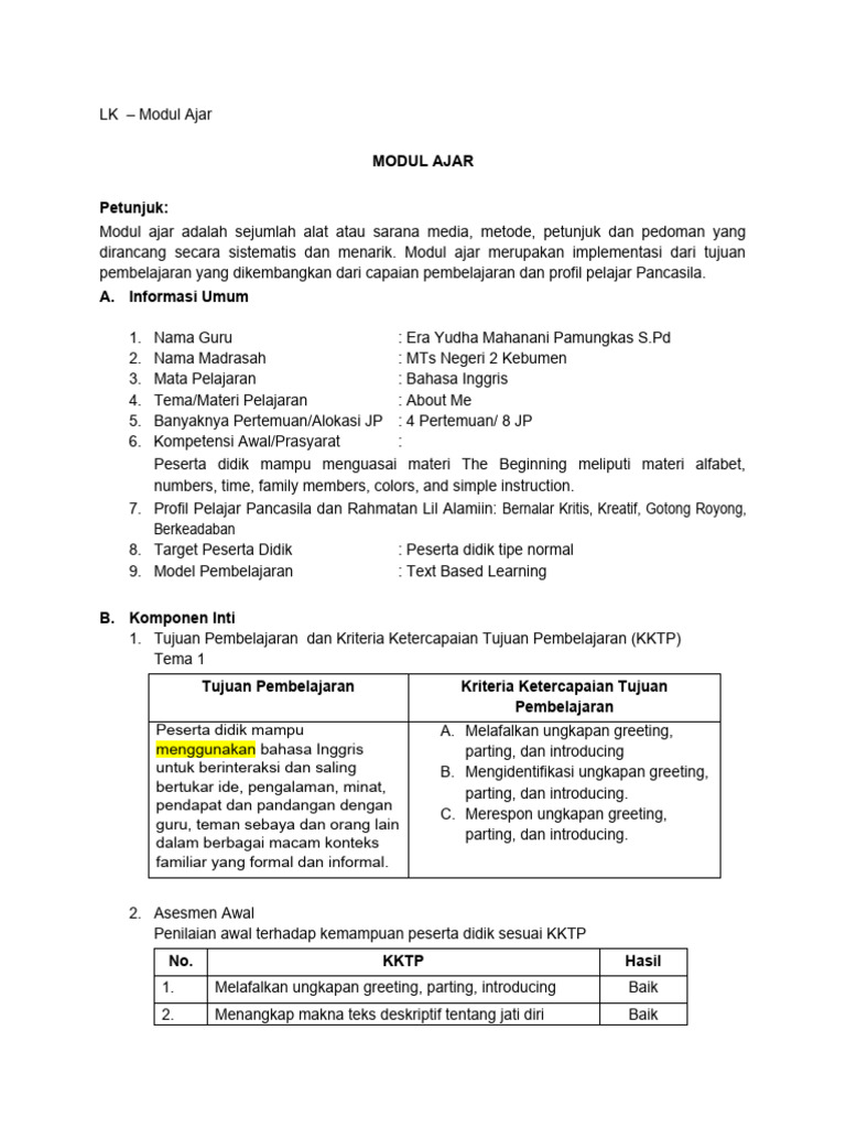 LK - Modul Ajar Bahasa Inggris | PDF | Karier & Perkembangan | Seni & Disiplin Bahasa